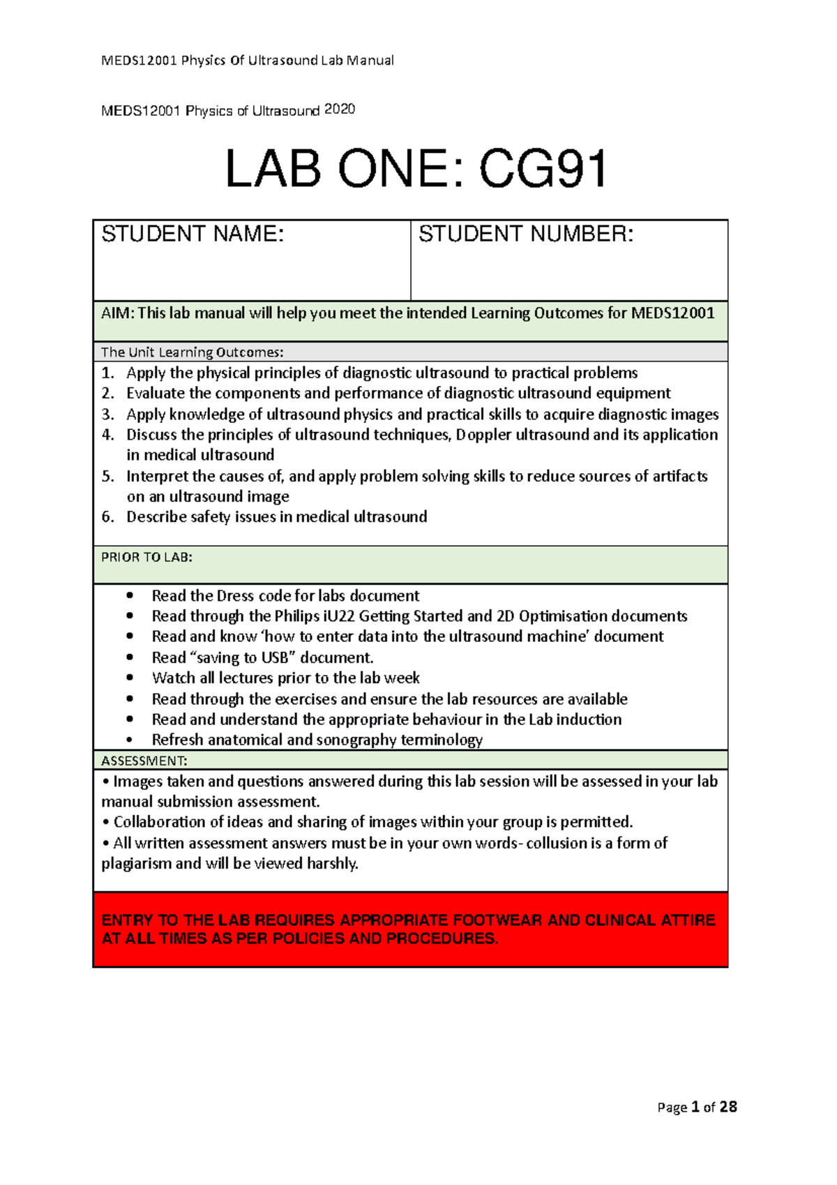 CG91 MEDS12001 Physics of Ultrasound 2020 Lab manual - MEDS12001 ...