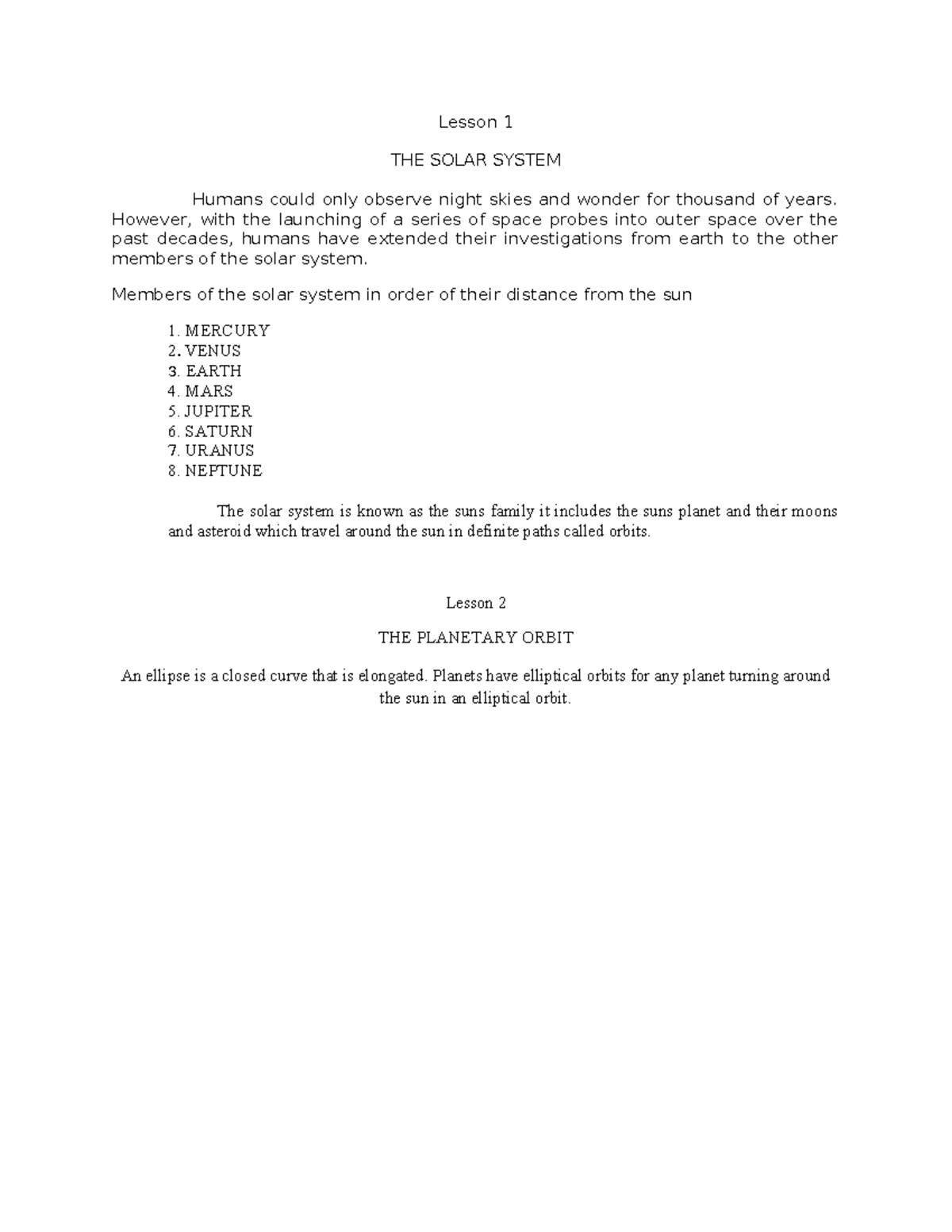 BSED SOCSCI GV - Lesson 1 THE SOLAR SYSTEM Humans could only observe ...