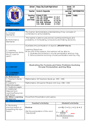 DLP Permutation and Combination - DETAILED LESSON PLAN School Pasay ...
