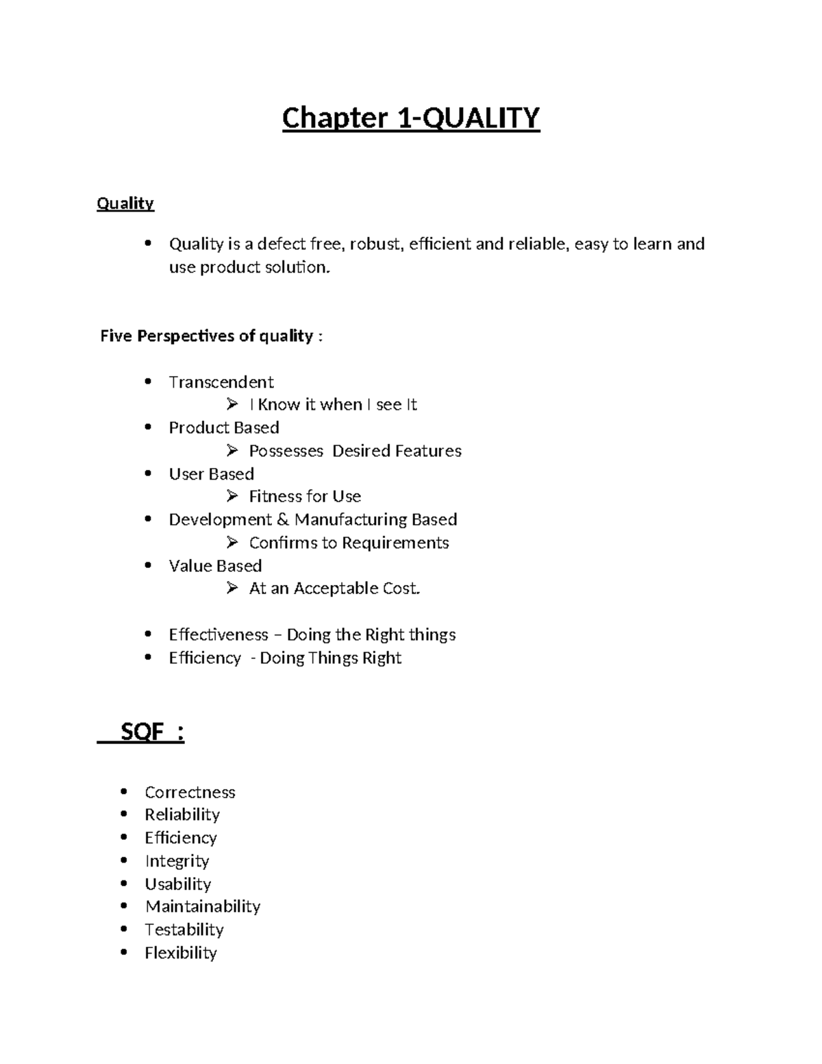 Chapter 1 - Chapter 1-QUALITY Quality Quality is a defect free, robust ...