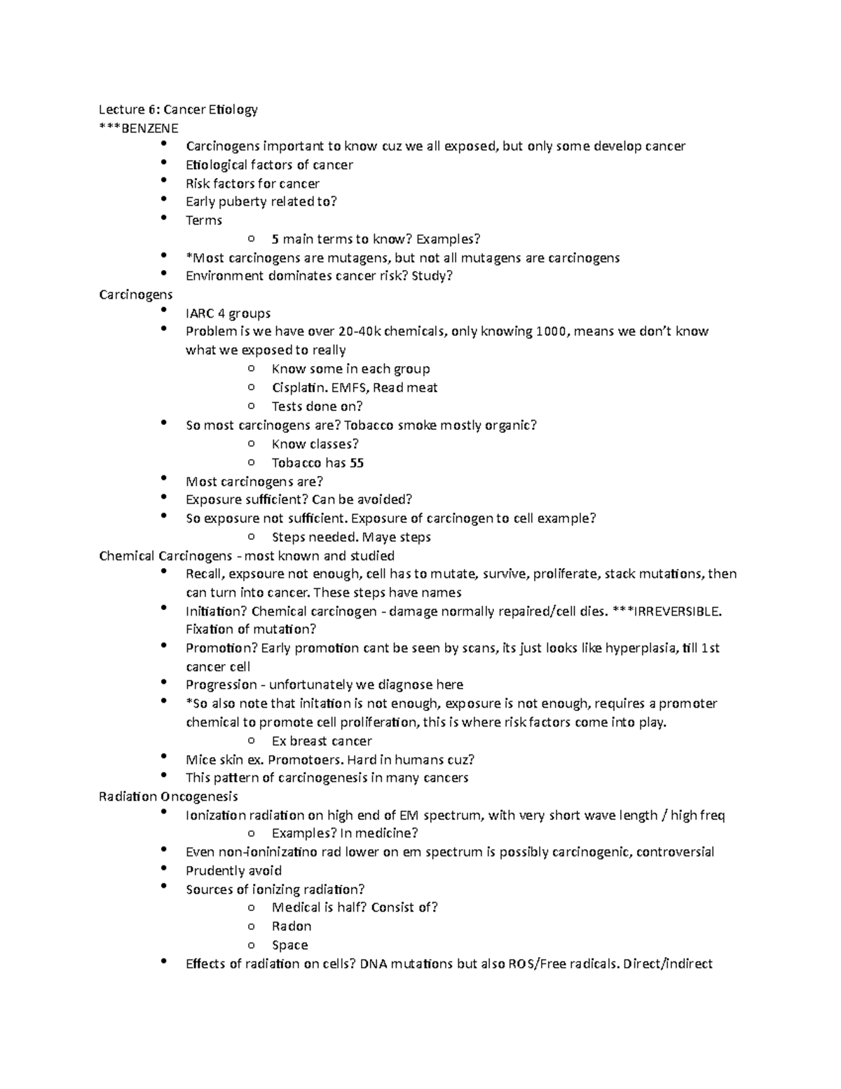 Lecture 6 Notes - Lecture 6: Cancer Etiology ***BENZENE Carcinogens ...