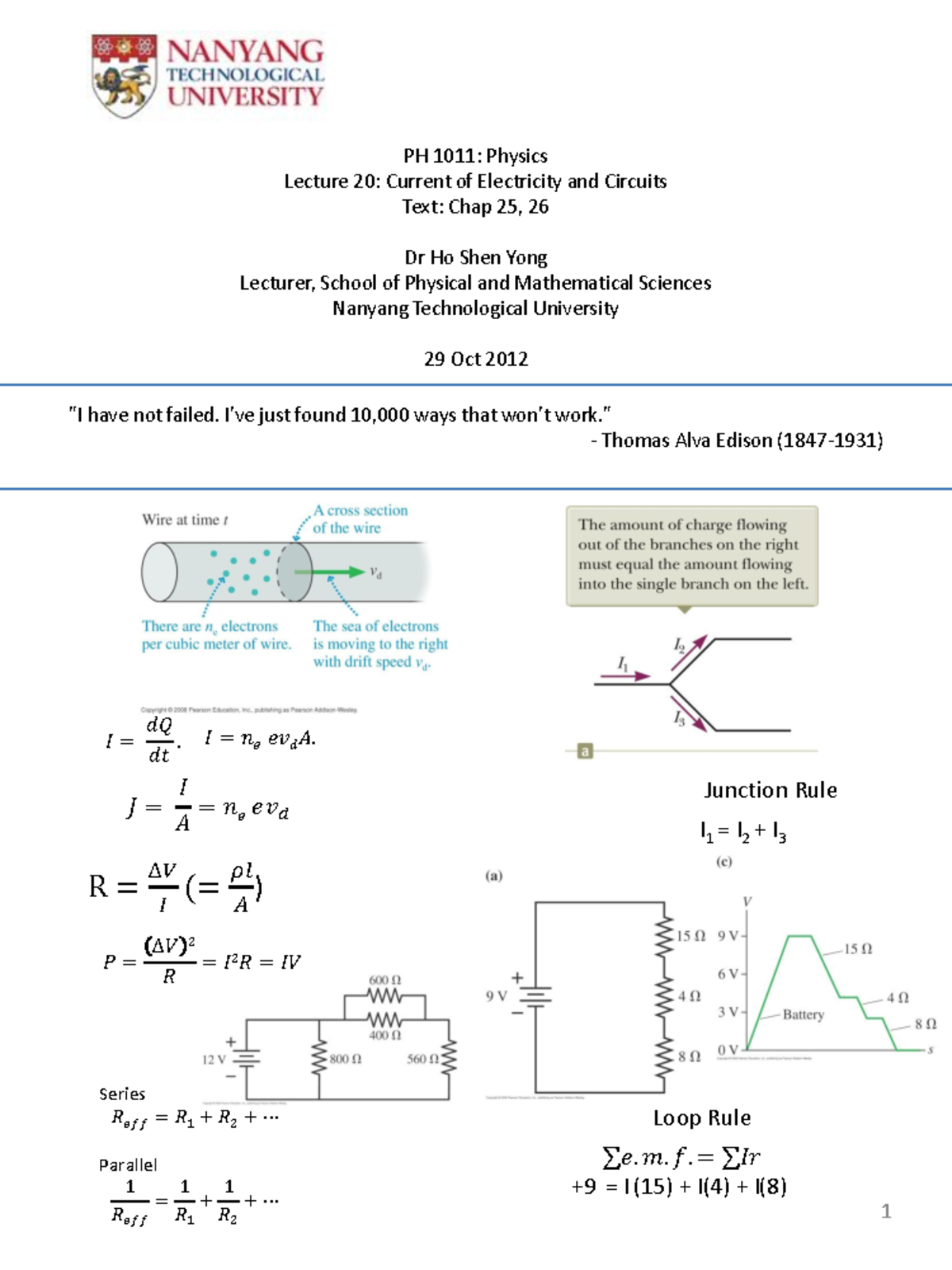 PH1011 L20 - Lecture Notes - PH 1011: Physics Lecture 20: Current of ...