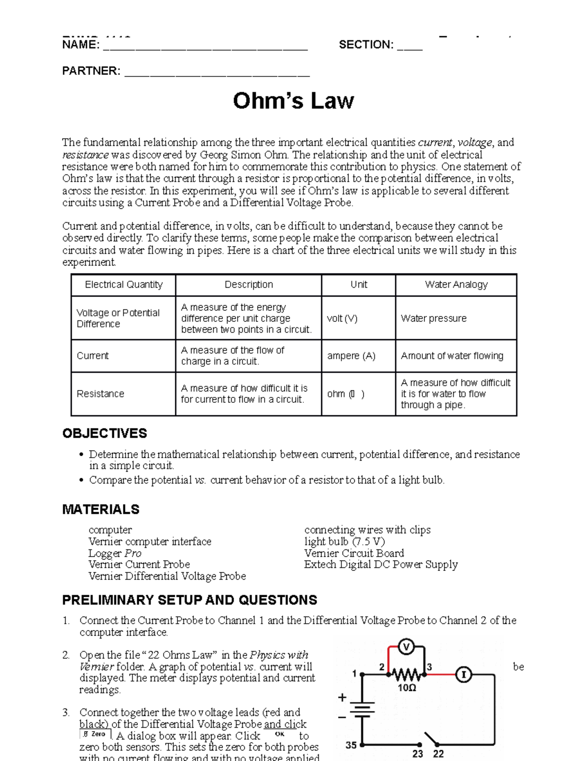 03 - Ohm's Law - Yes - PHYS 1119NAME ...