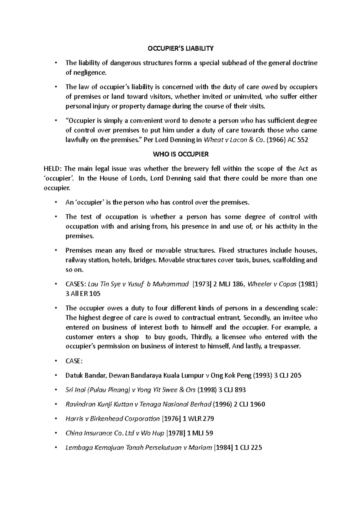 Occupiers Liability - OCCUPIER’S LIABILITY The liability of dangerous ...