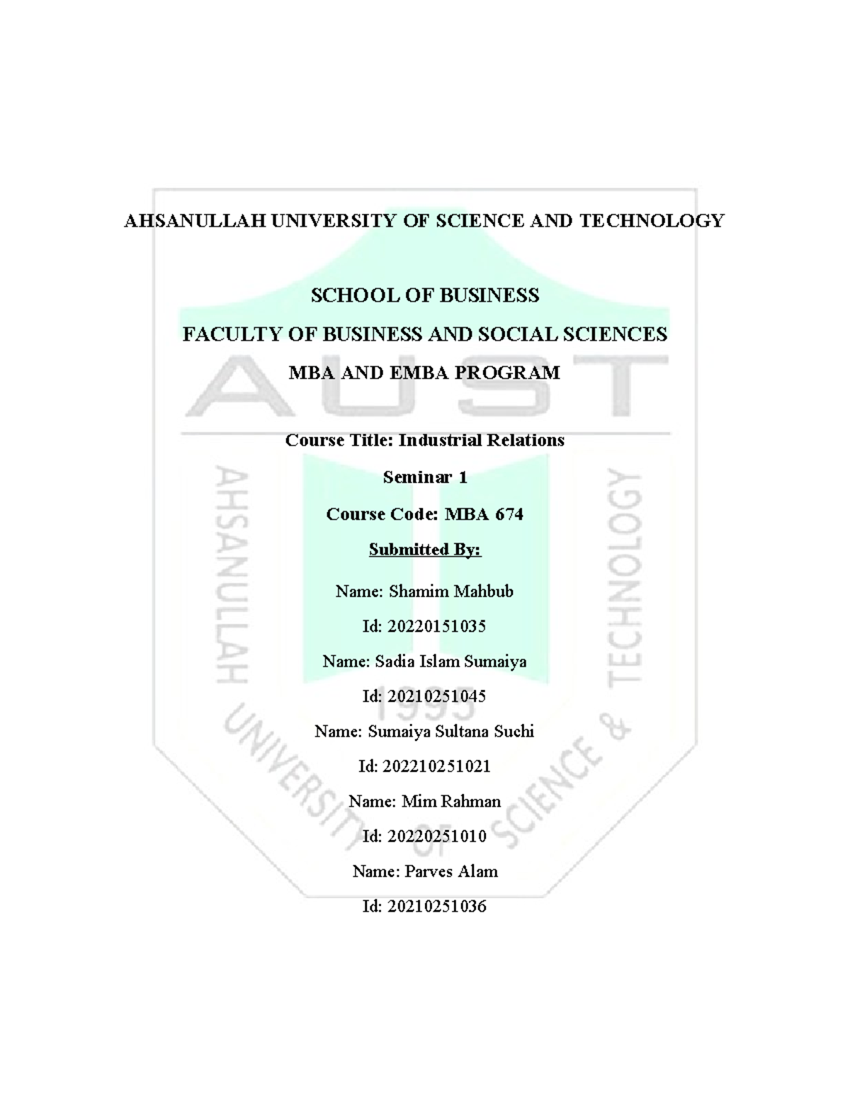 Seminar 1 - good - AHSANULLAH UNIVERSITY OF SCIENCE AND TECHNOLOGY ...