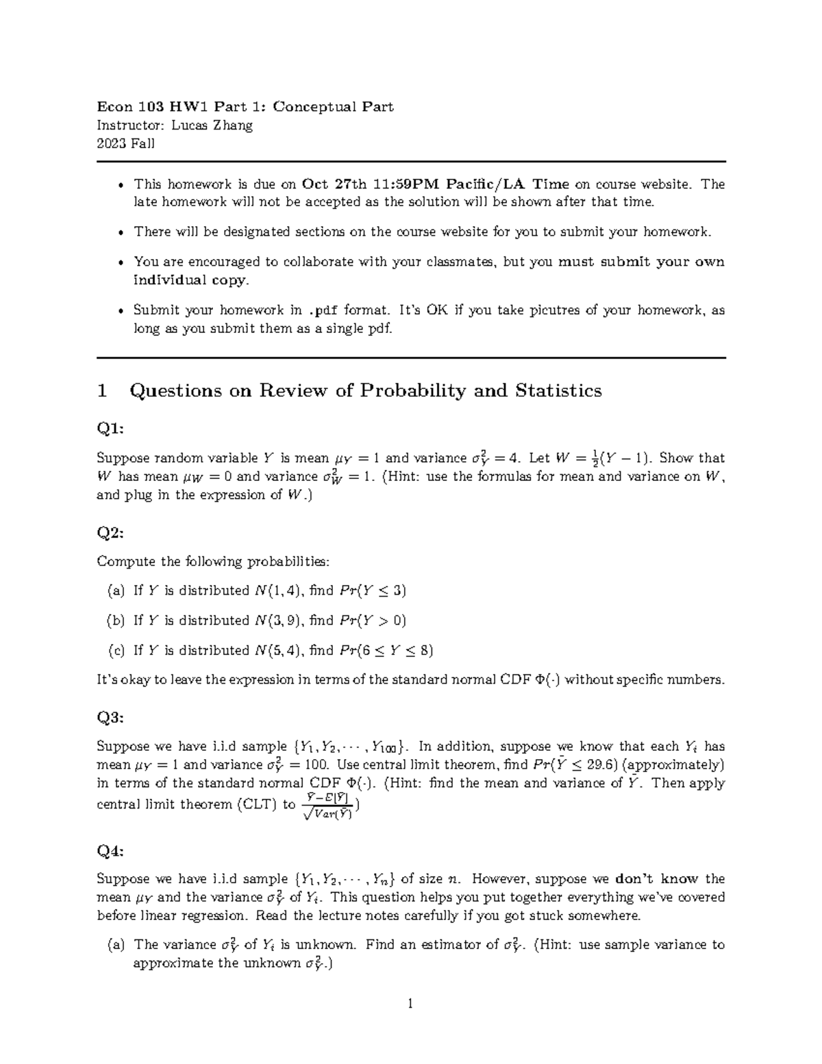 Hw1 writting - eagw - Econ 103 HW1 Part 1: Conceptual Part Instructor: Lucas Zhang 2023 Fall ...