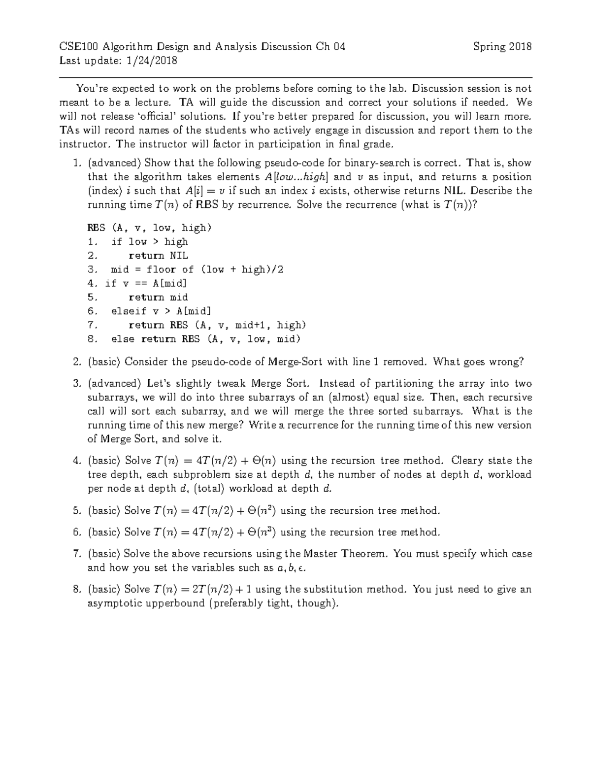 Discussion Ch04 Professor Sungjim Im Ch4 Questions Cse100 Algorithm Design And Analysis 9655