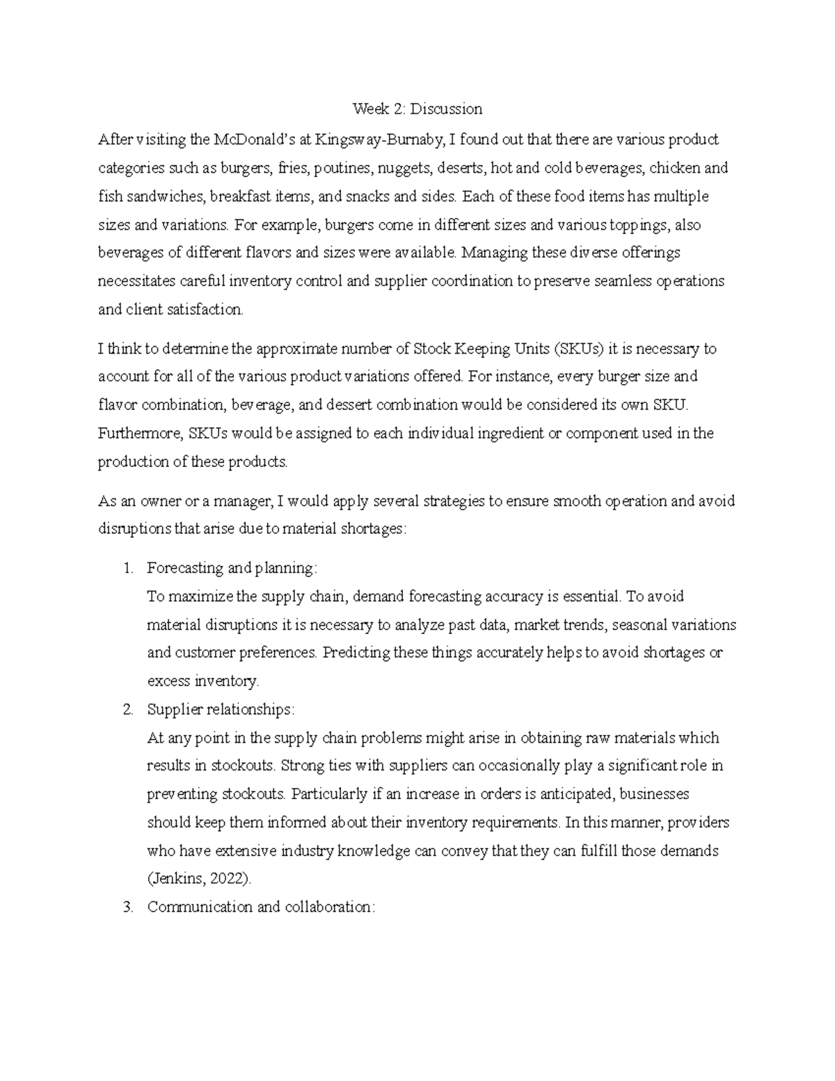 OPMT week 2: Discussion post on observing the operational activities of ...