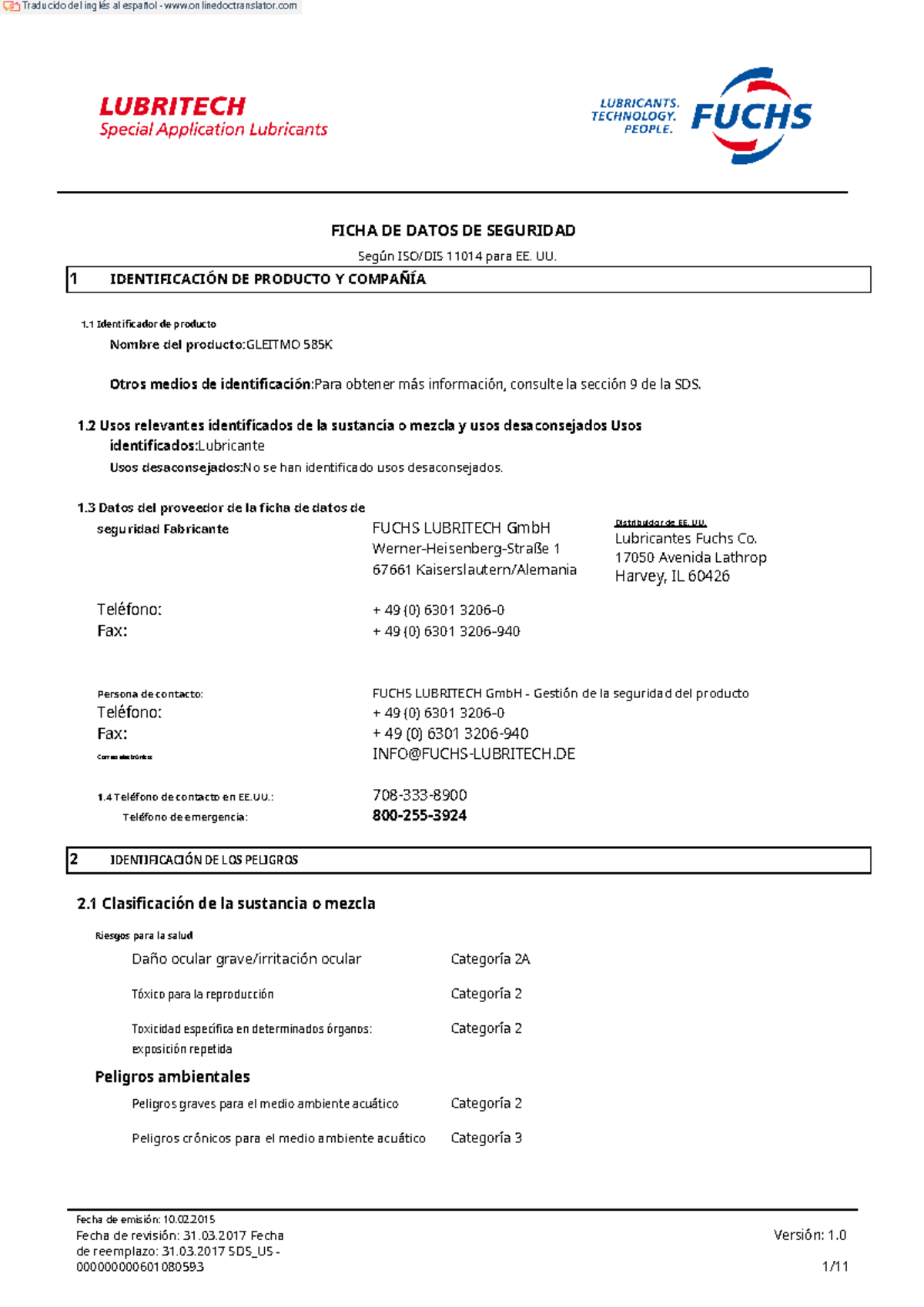 Grasa Gleitmo 585K Cubeta DE 16KG - FICHA DE DATOS DE SEGURIDAD Según ...
