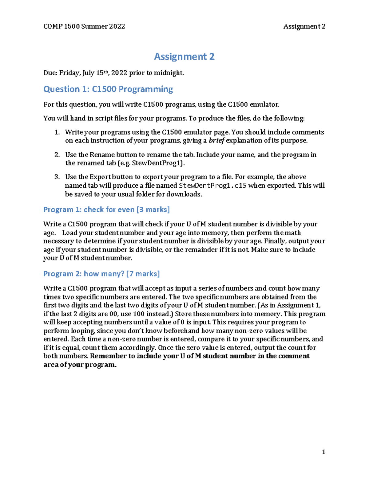 ICM COMP1500 S2022 A2 - COMP 1500 Summer 2022 Assignment 2 1 Assignment ...