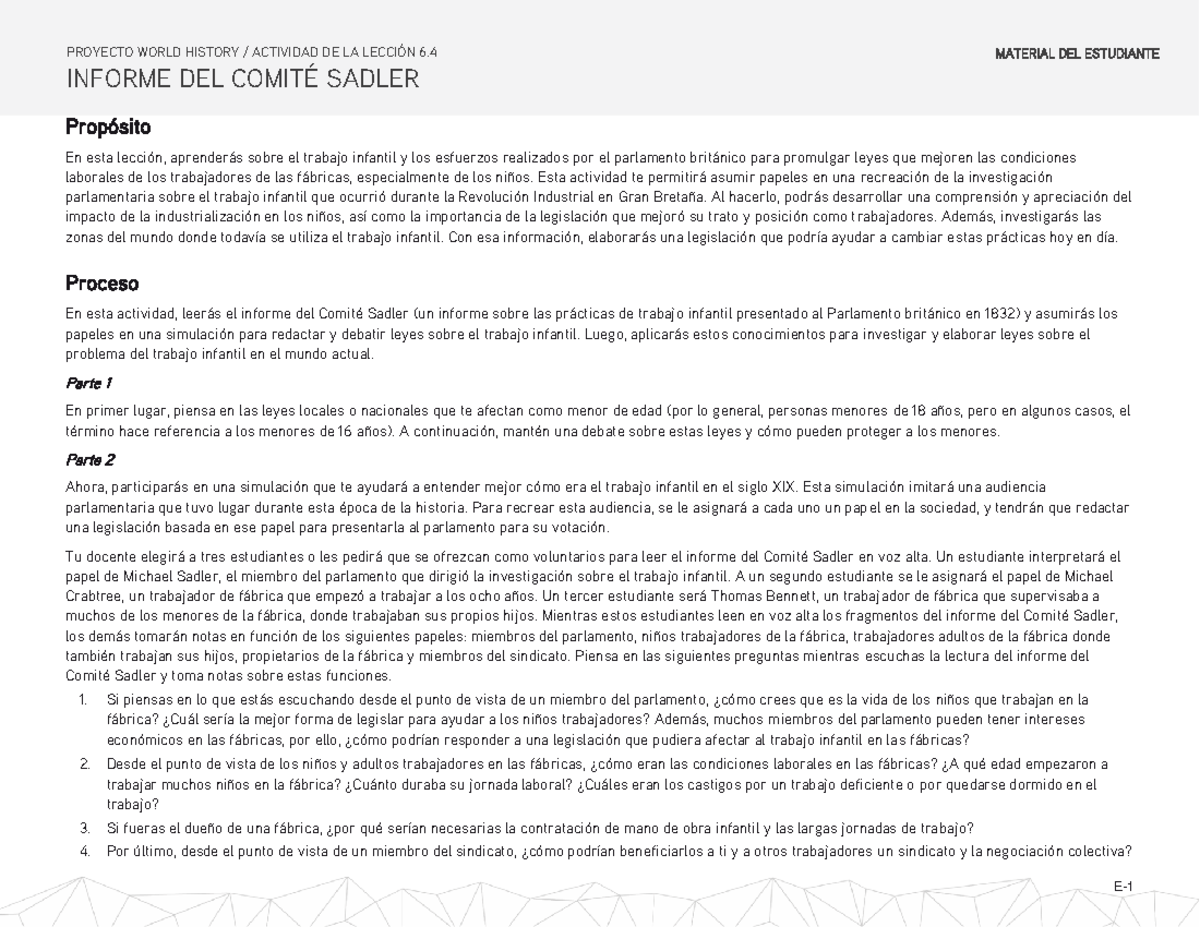 WHP 6413 Activity Sadler Report Student Spanish - INFORME DEL COMITÉ ...
