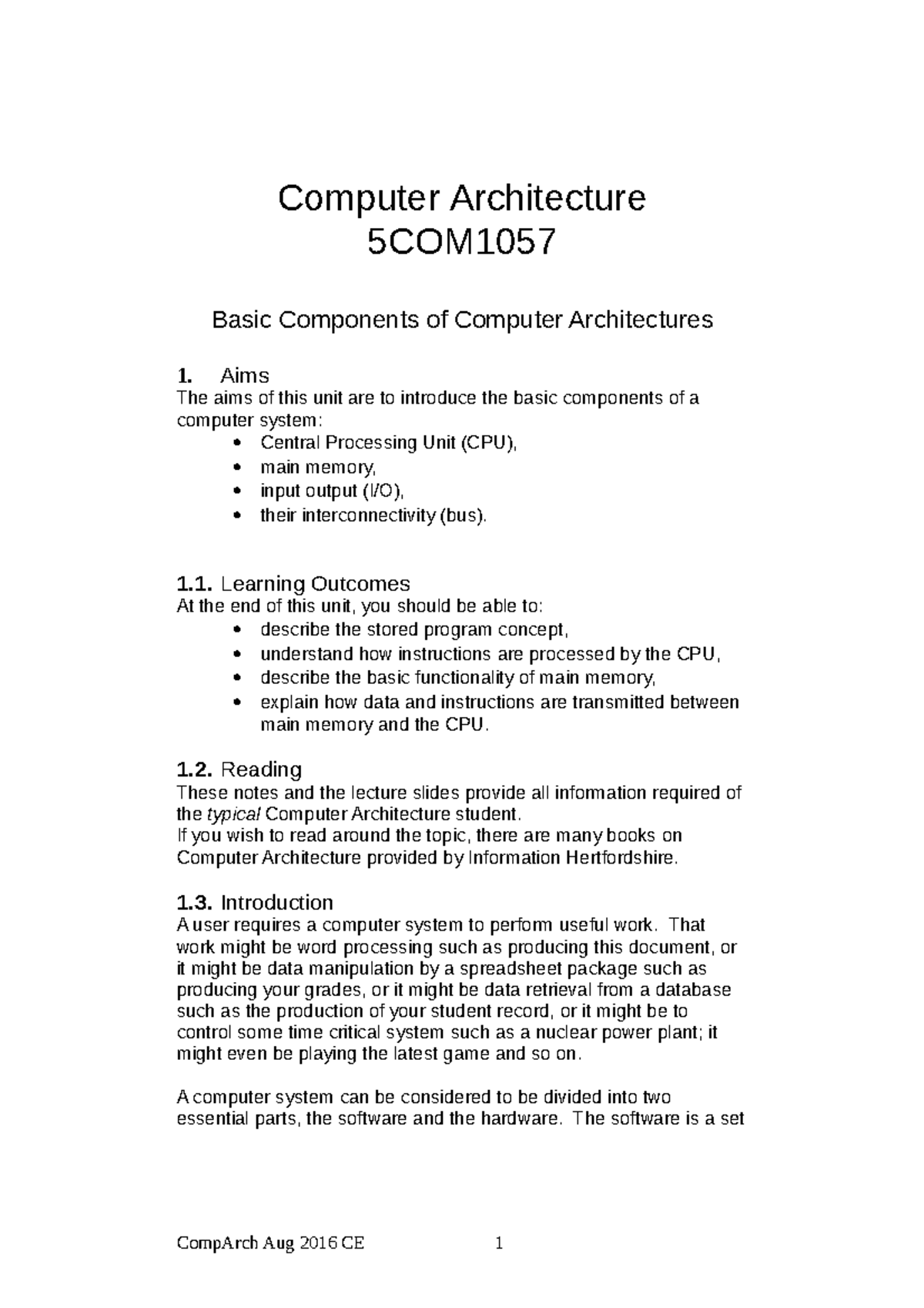 Comp Arch Notes - very useful - Computer Architecture 5COM Basic ...