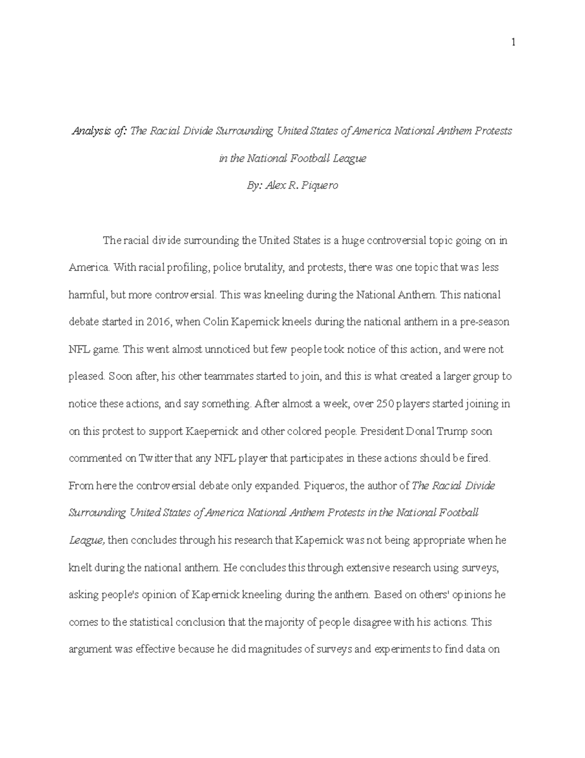 Critical Analysis Essay Final - 1 Analysis of: The Racial Divide ...