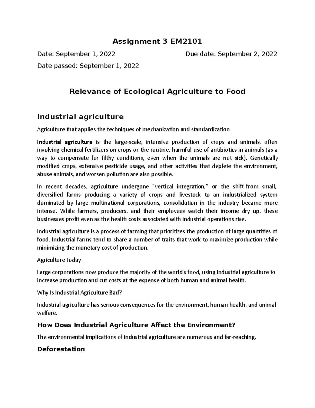 Relevance of Ecological Agriculture to Food - Assignment 3 EM Date ...