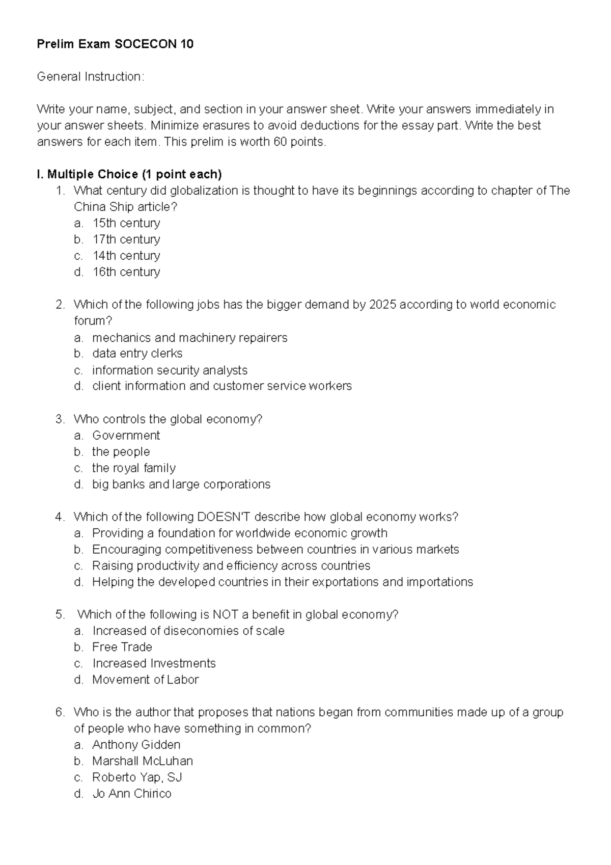 Prelims- Socecon - Prelim Exam SOCECON 10 General Instruction: Write ...