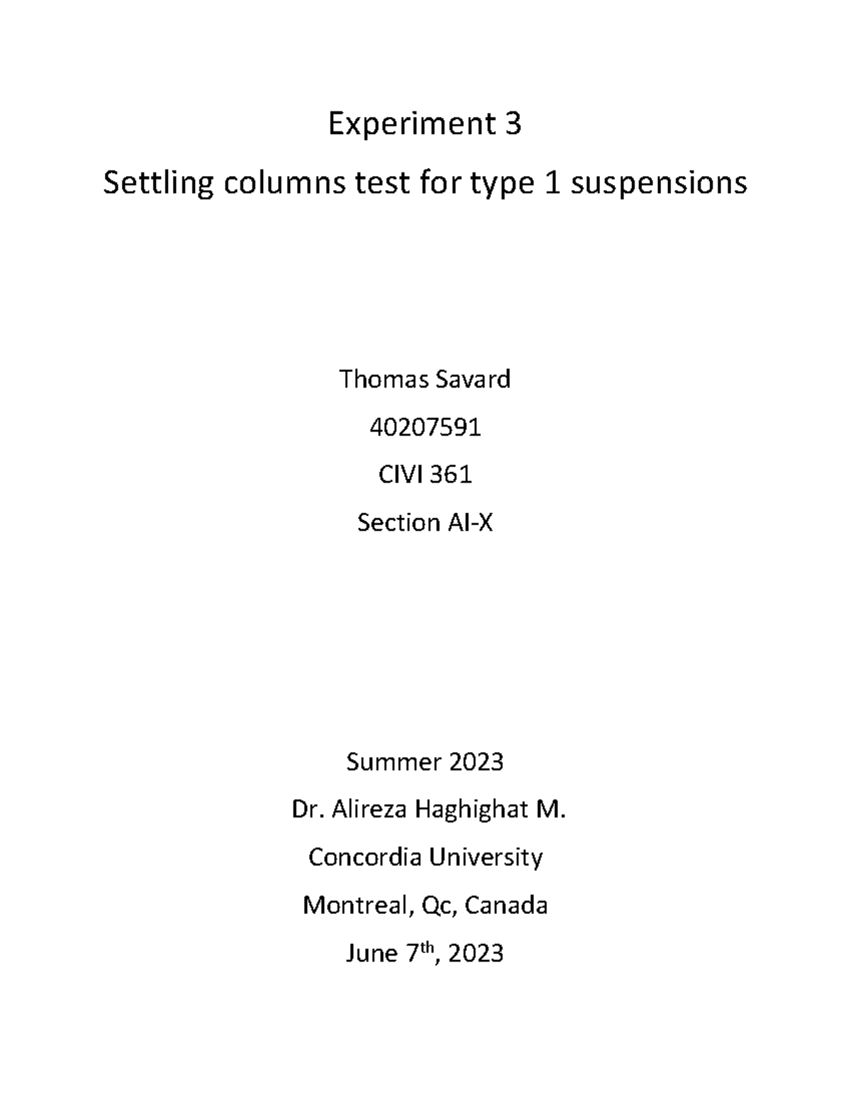 Experiment 3 CIVI 361 - Experiment 3 Settling columns test for type 1 ...