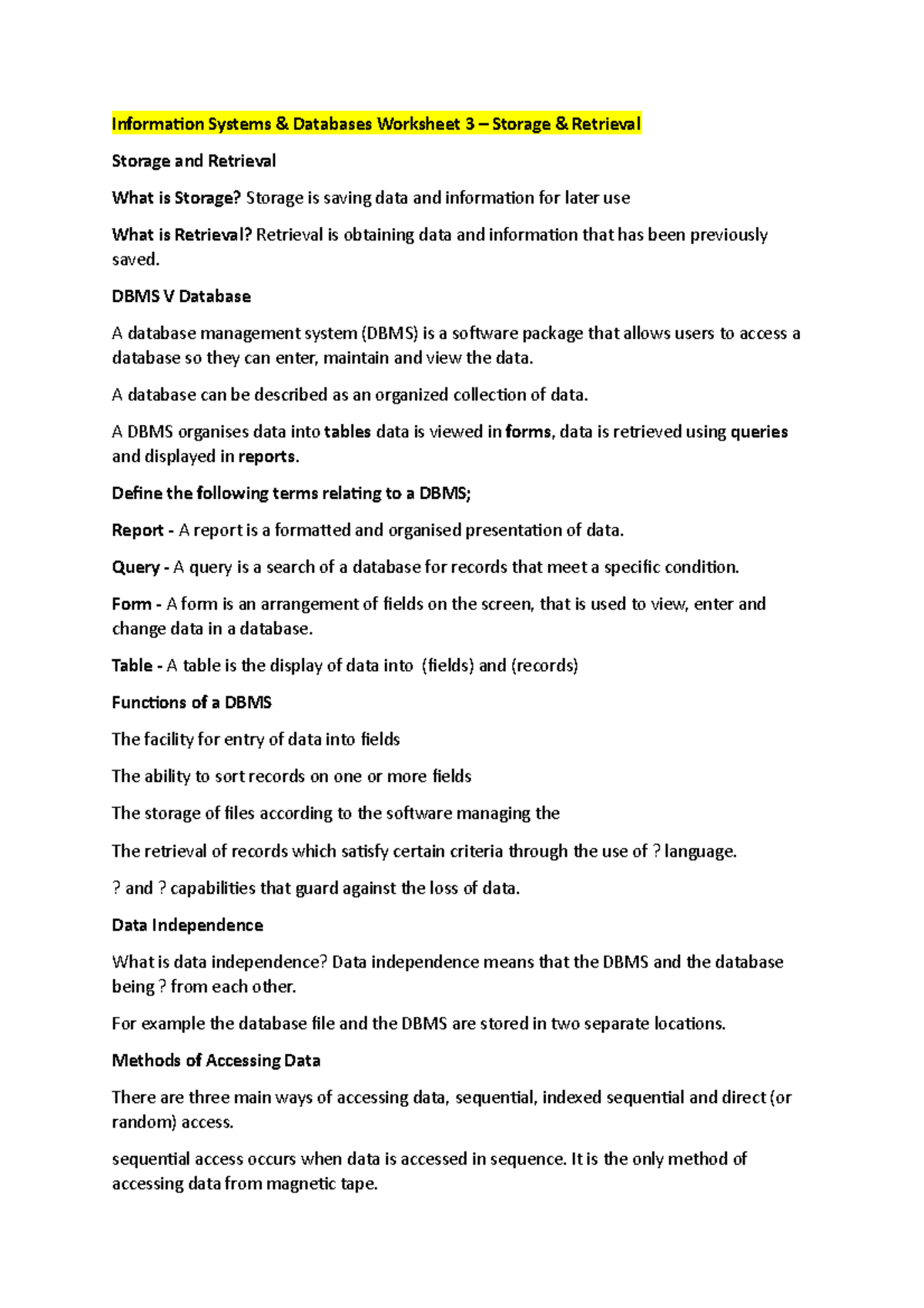9.2 Information Systems and Databases Worksheet 3 - Information Systems ...