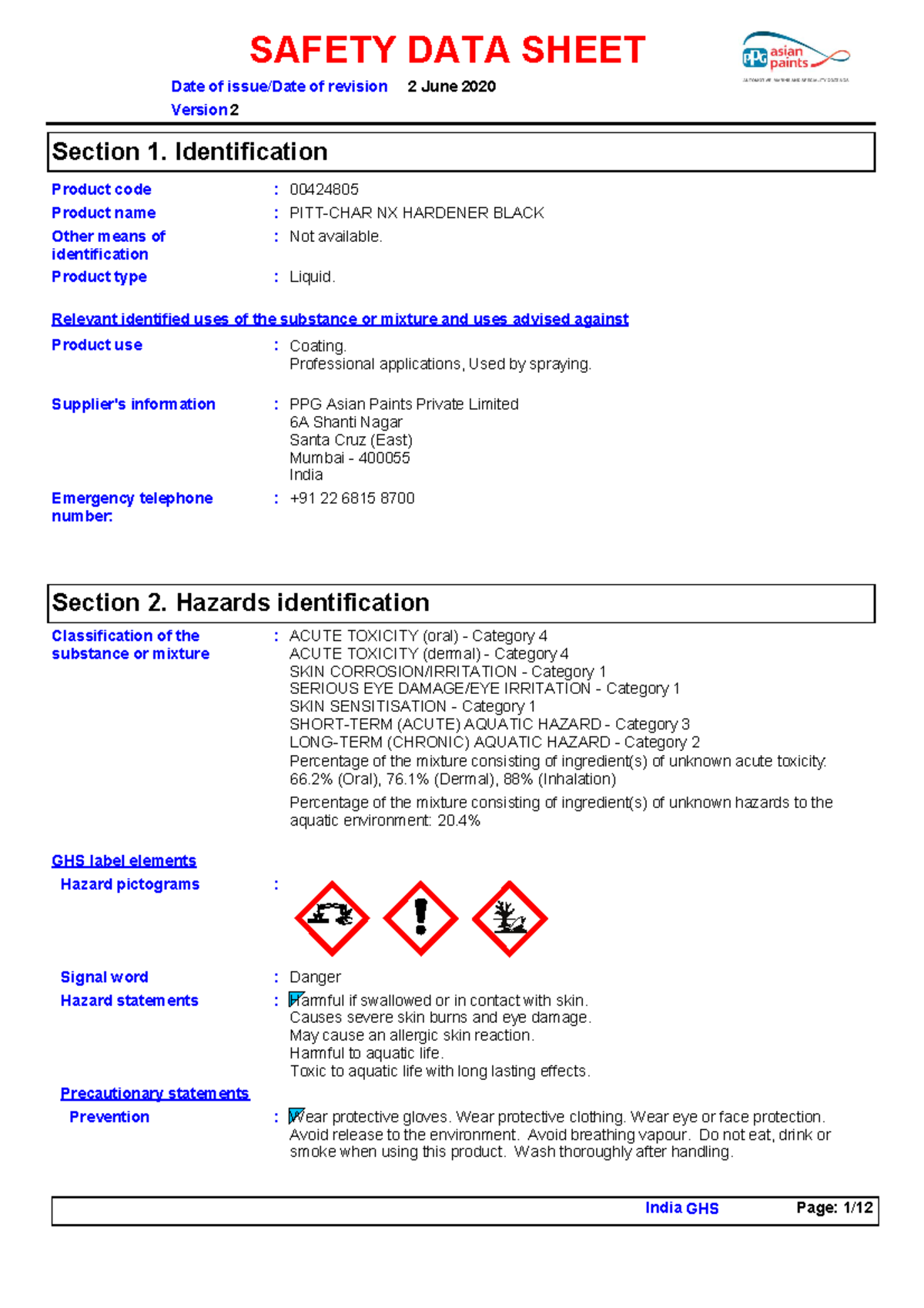 Safety DATA Sheet PITT-CHAR NX Hardener Black Not available. Coating ...