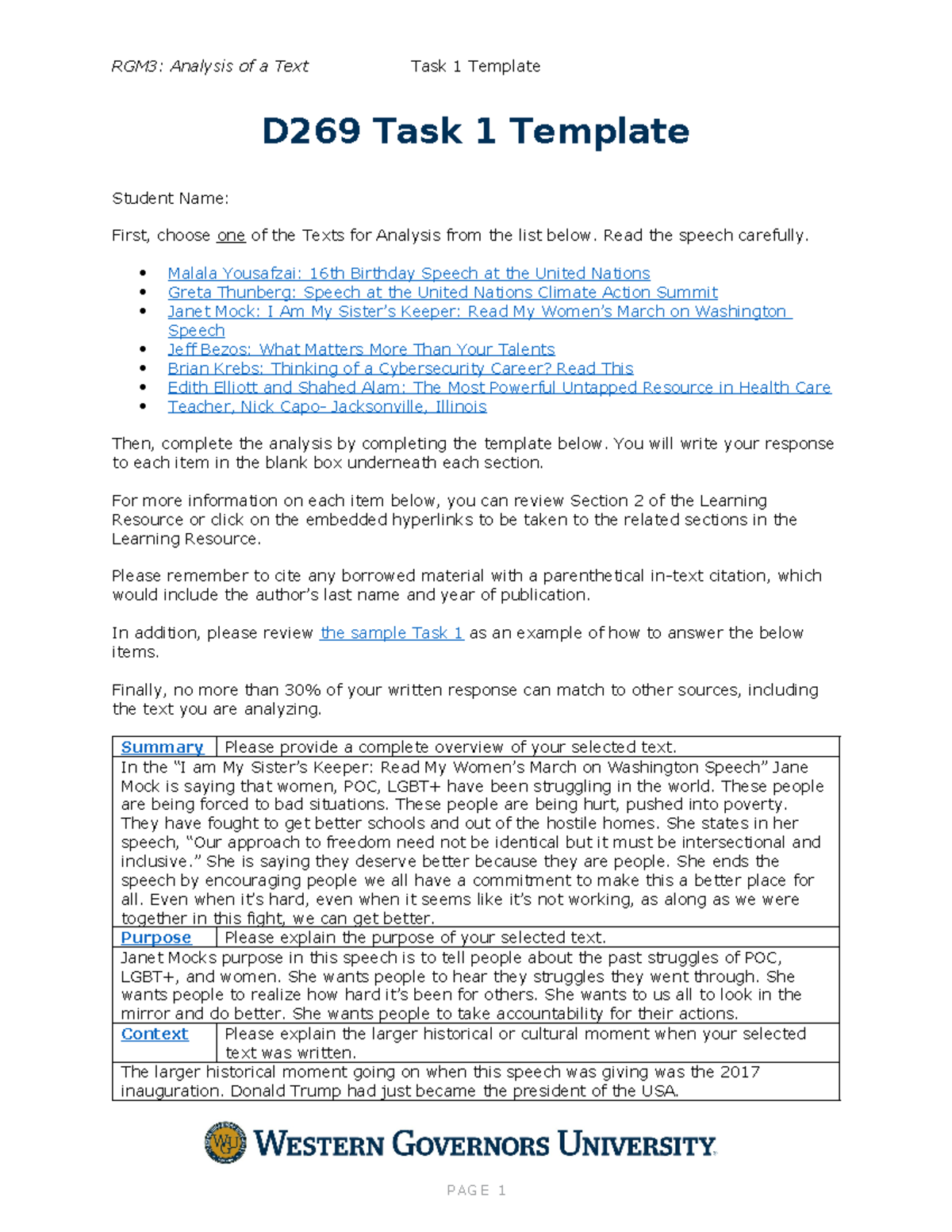 Task 1 Complete - D269 Task 1 Template - RGM3: Analysis of a Text Task ...