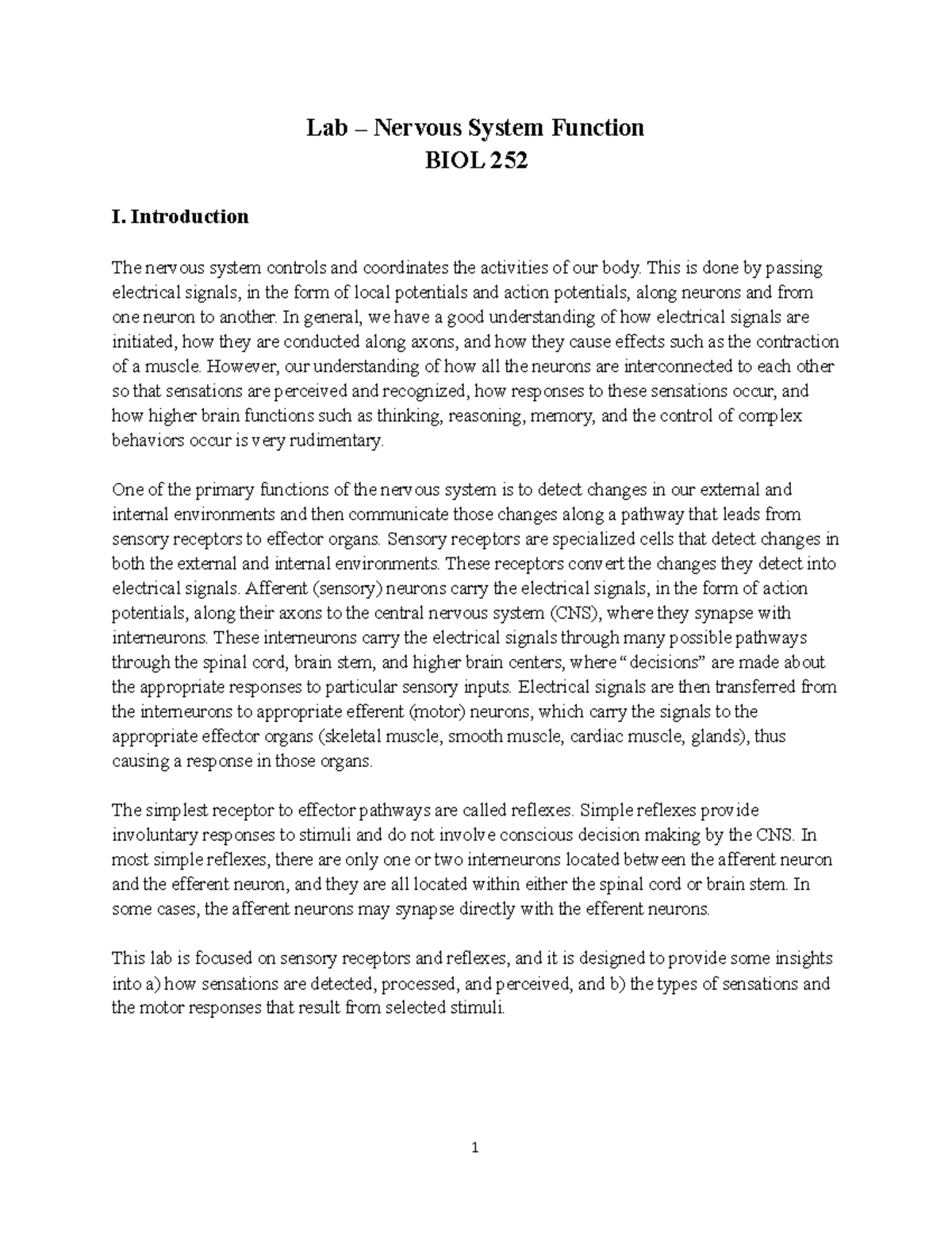 Lab - Nervous System Function - Lab – Nervous System Function BIOL 252 ...