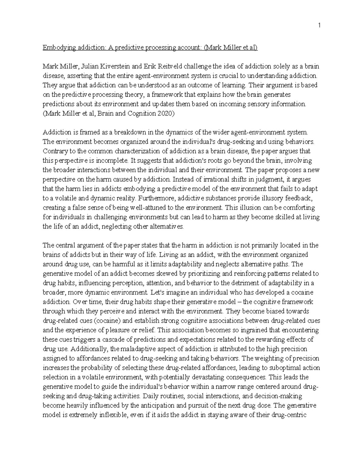 Reading Response 1 - essay - 1 Embodying addiction: A predictive ...