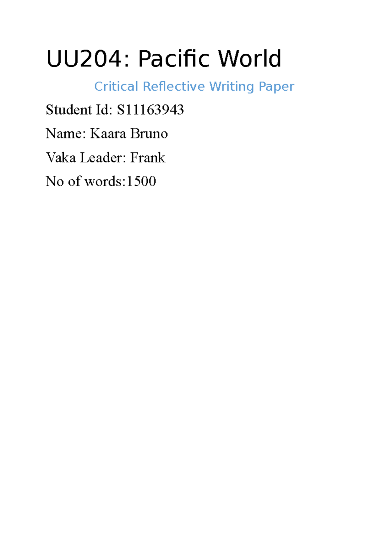 Assignment 3 Critical Reflective Writing - UU204: Pacific World ...