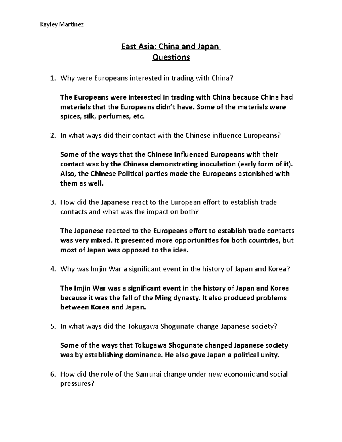 East Asia - China and Japan questions - Kayley Martinez East Asia ...