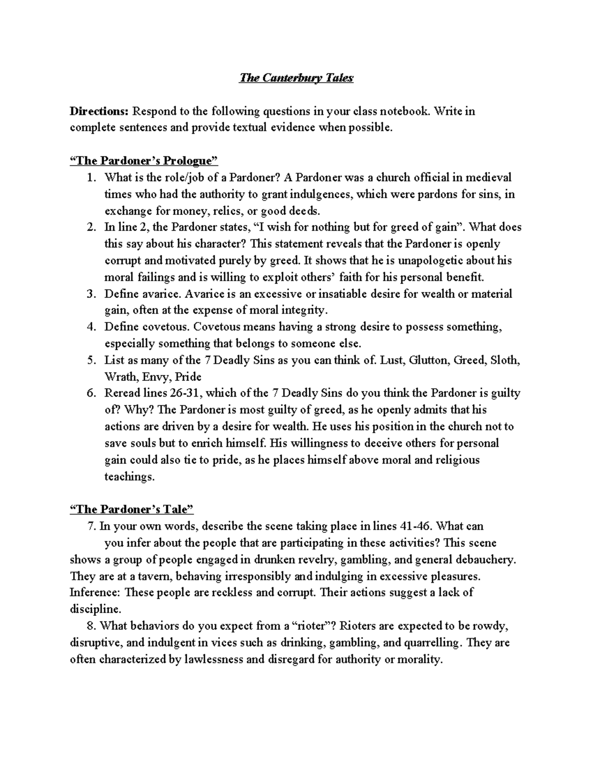 The Pardoner s Tale Questions - The Canterbury Tales Directions ...