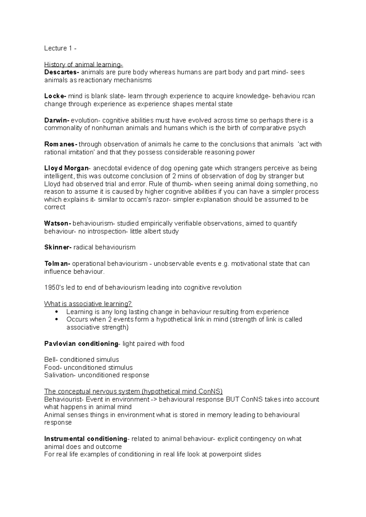 Animla learning 1 - Lecture notes 1 - Lecture 1 - History of animal ...