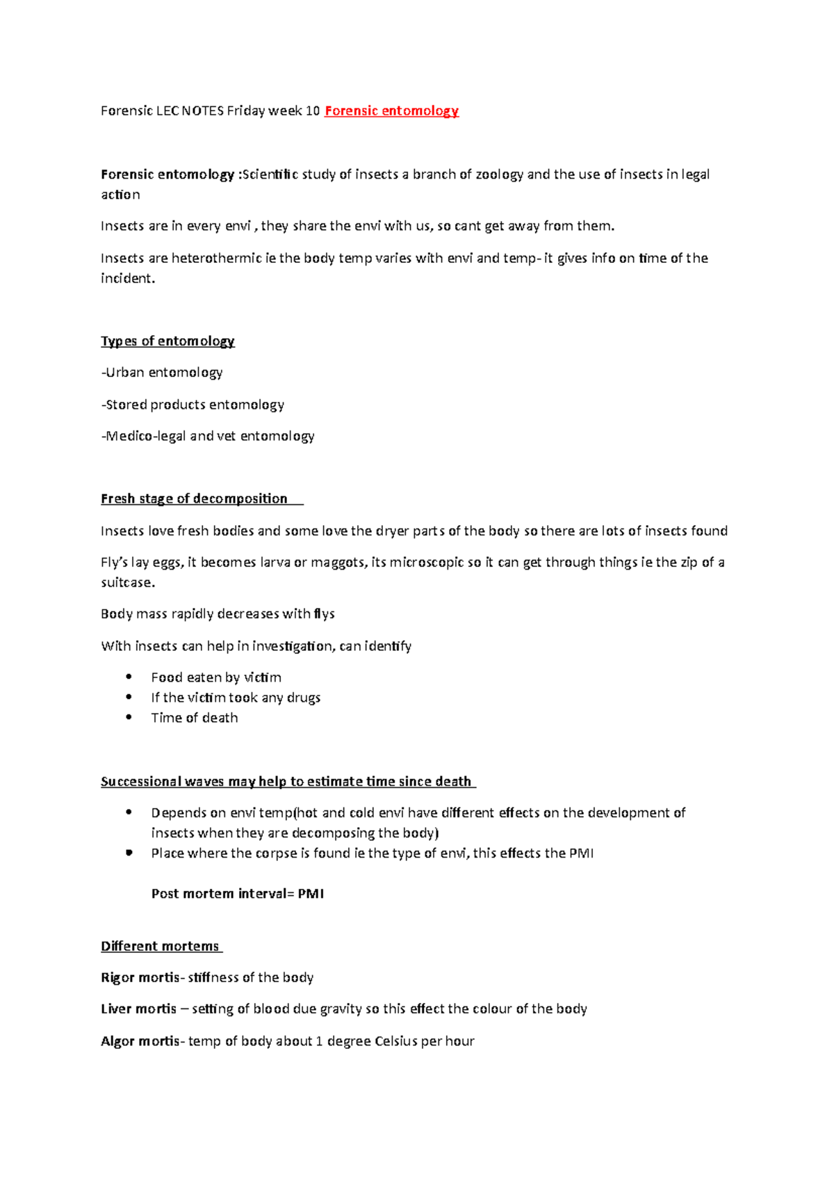 W10 fri lec Forensic entomology- insects - Forensic LEC NOTES Friday ...