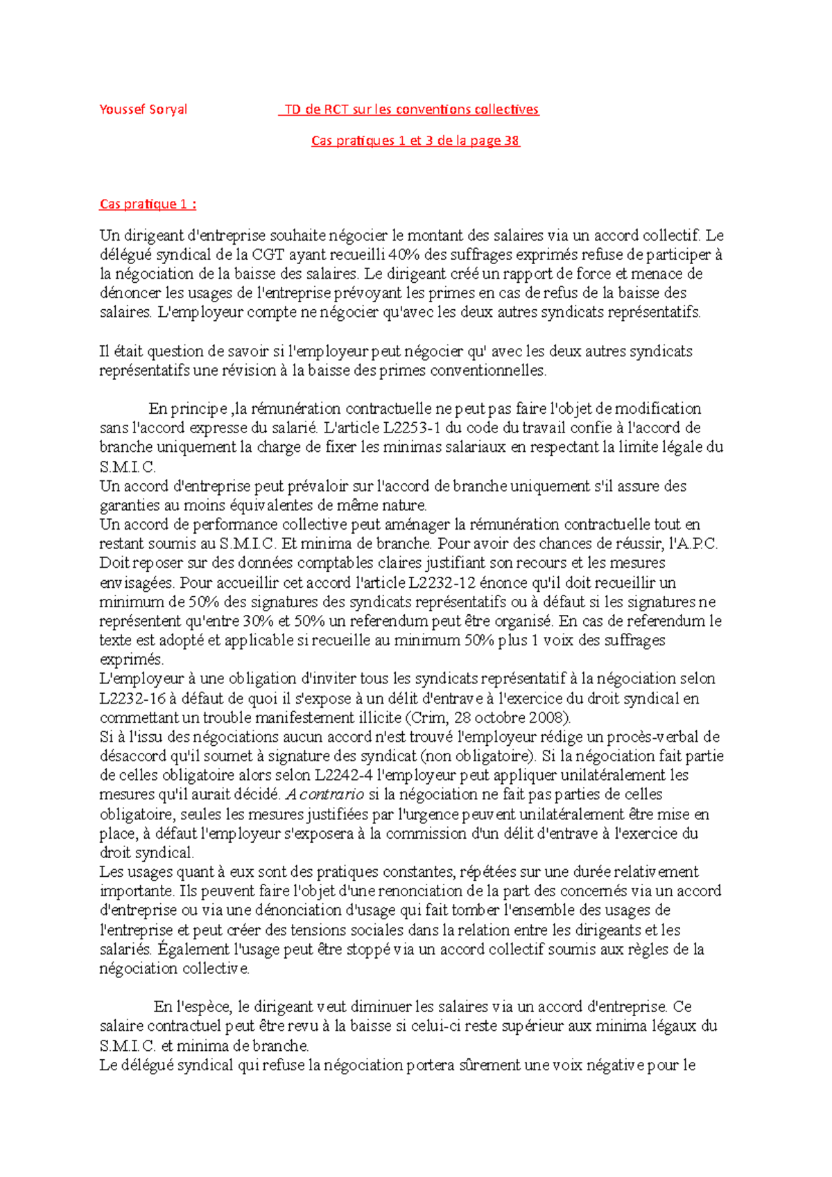 Relations collectives de travail - Youssef Soryal TD de RCT sur les ...
