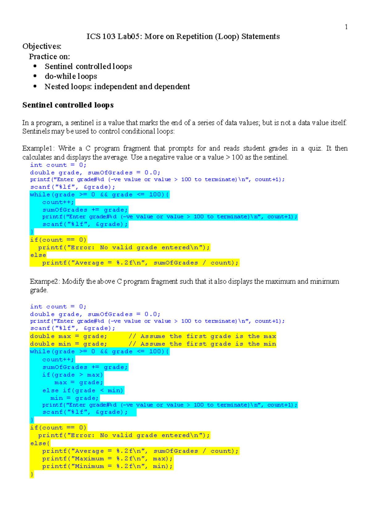 Lab05 Repetition 2 - 1 ICS 103 Lab05: More on Repetition (Loop) Statements Objectives: Practice ...