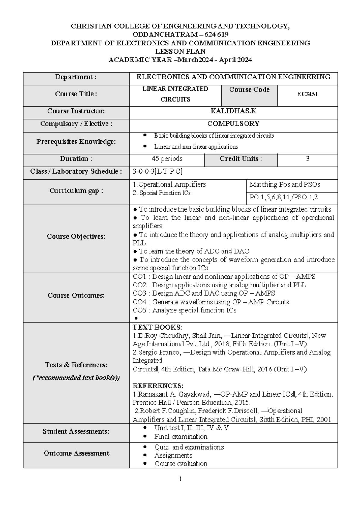 LIC t Eaching PLAN - CHRISTIAN COLLEGE OF ENGINEERING AND TECHNOLOGY, ODDANCHATRAM – 624 619 ...