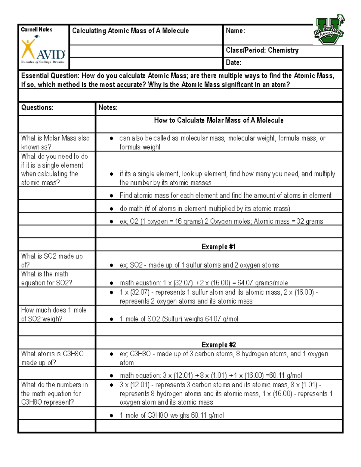 Calculating Atomic Mass of A Molecule Cornell Notes - Cornell Notes ...