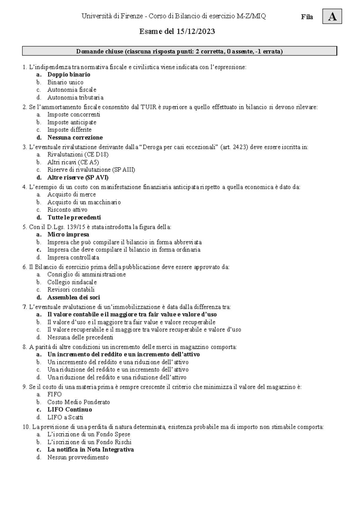 esame dicembre 2023 bilancio d’esercizio - Domande chiuse (ciascuna risposta punti: 2 corretta ...