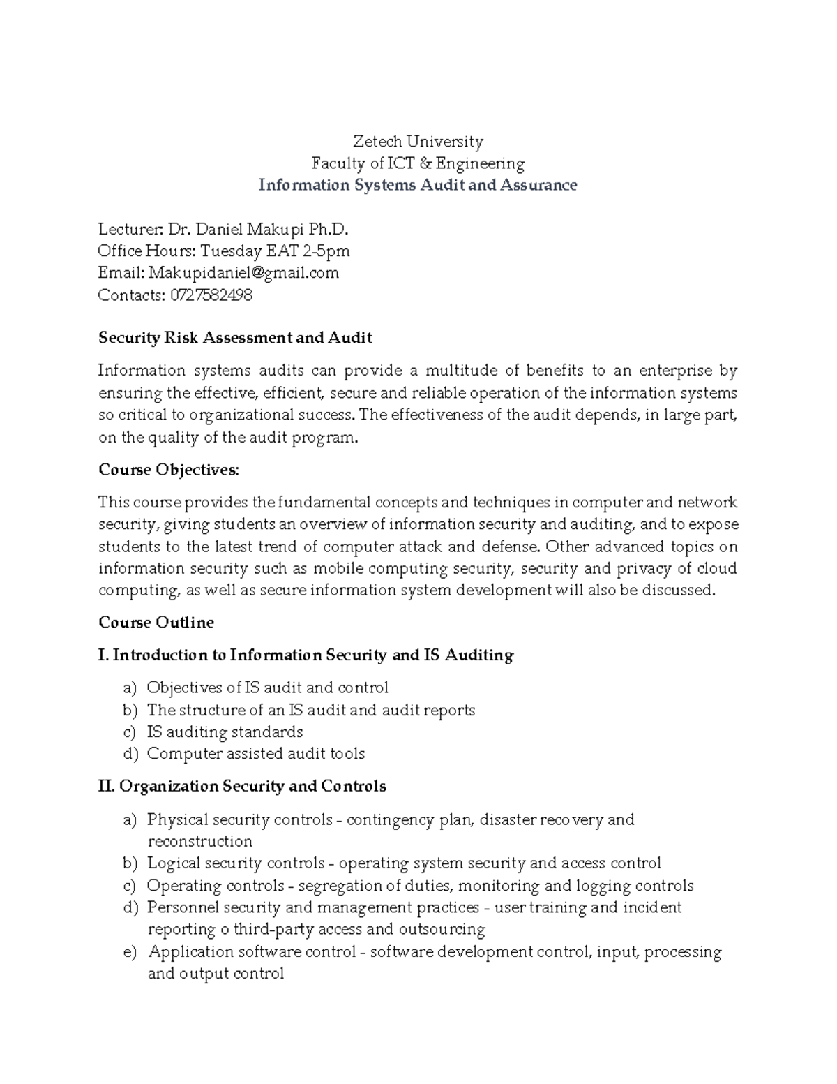 Information Systems Audit and Assurance - Zetech University Faculty of ...