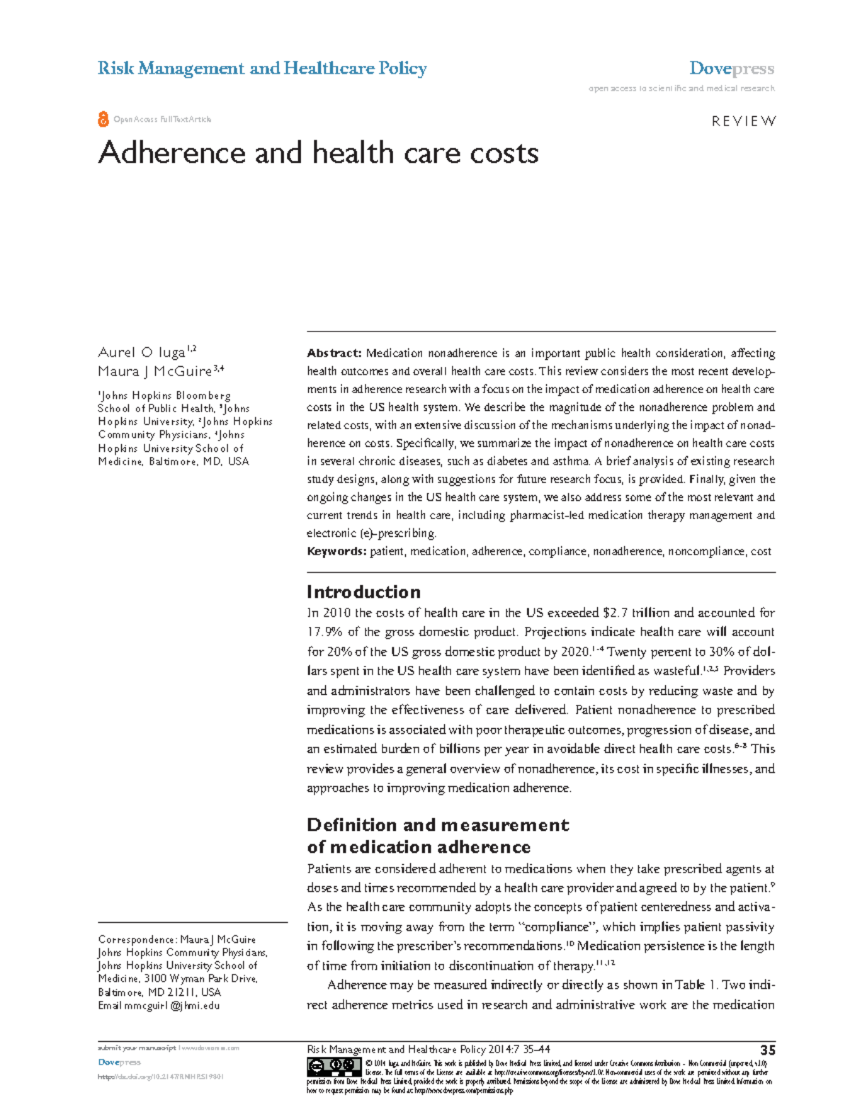Adherence AND Health CARE Costs - © 2014 Iuga and McGuire. This work is ...