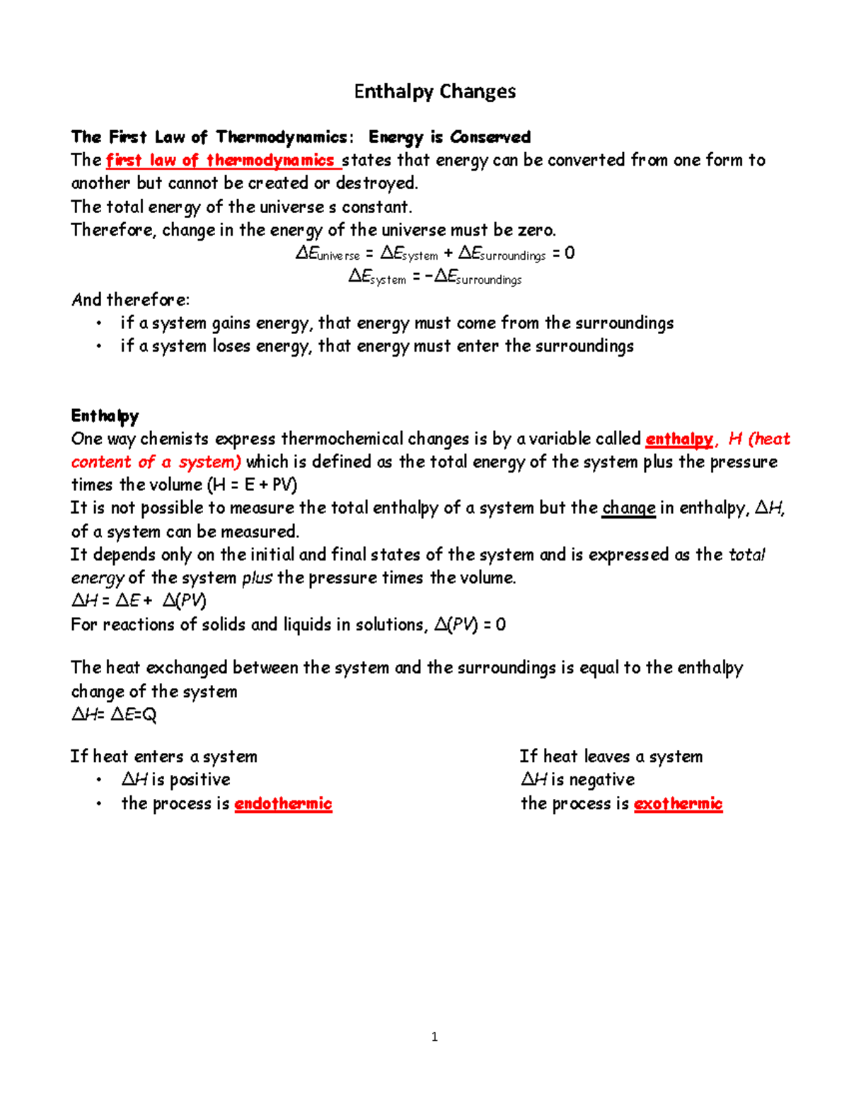 2 Enthalpy changes Note - Copy - Enthalpy Changes The First Law of ...
