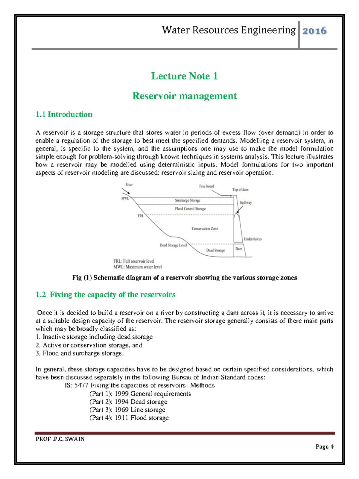 Water resources engineering 3 - PROF .P. SWAIN Lecture Note 1 Reservoir ...