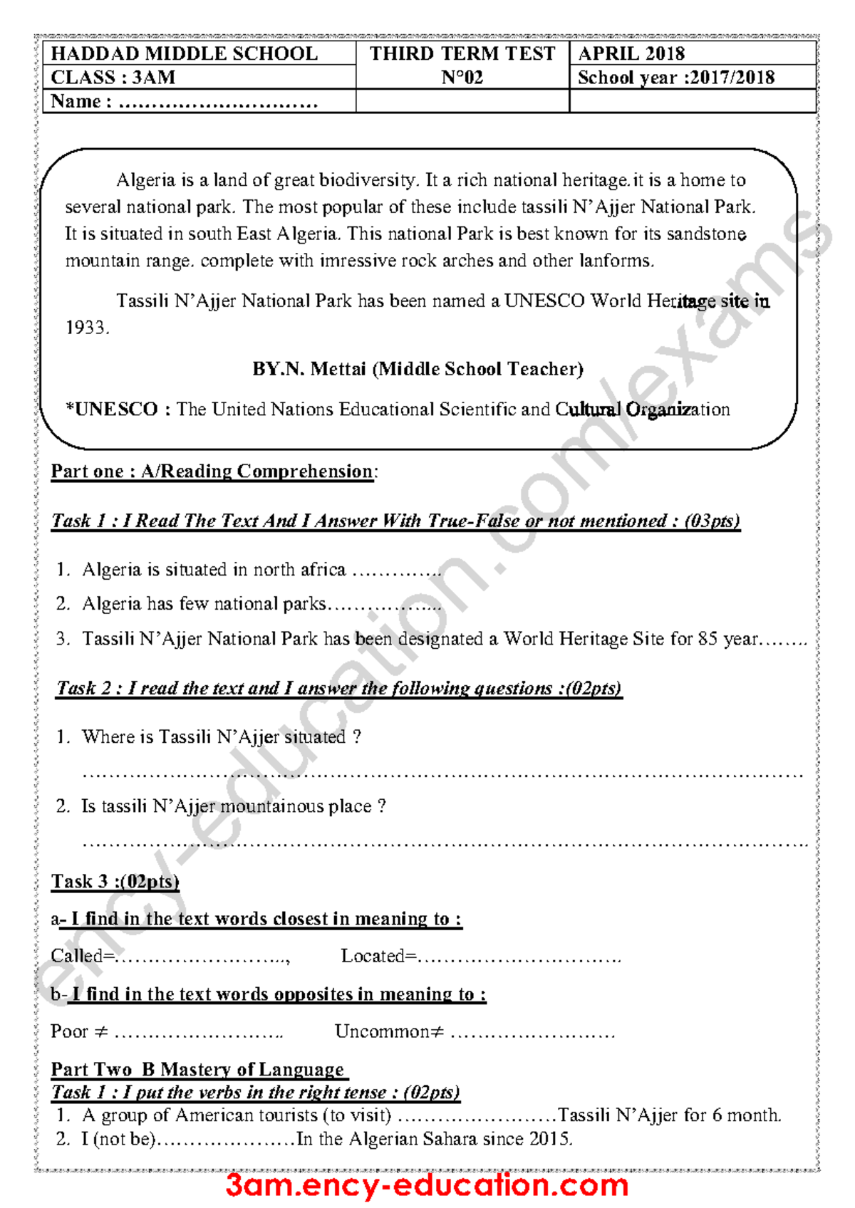 Dzexams 3am anglais 593919 - HADDAD MIDDLE SCHOOL THIRD TERM TEST N ...
