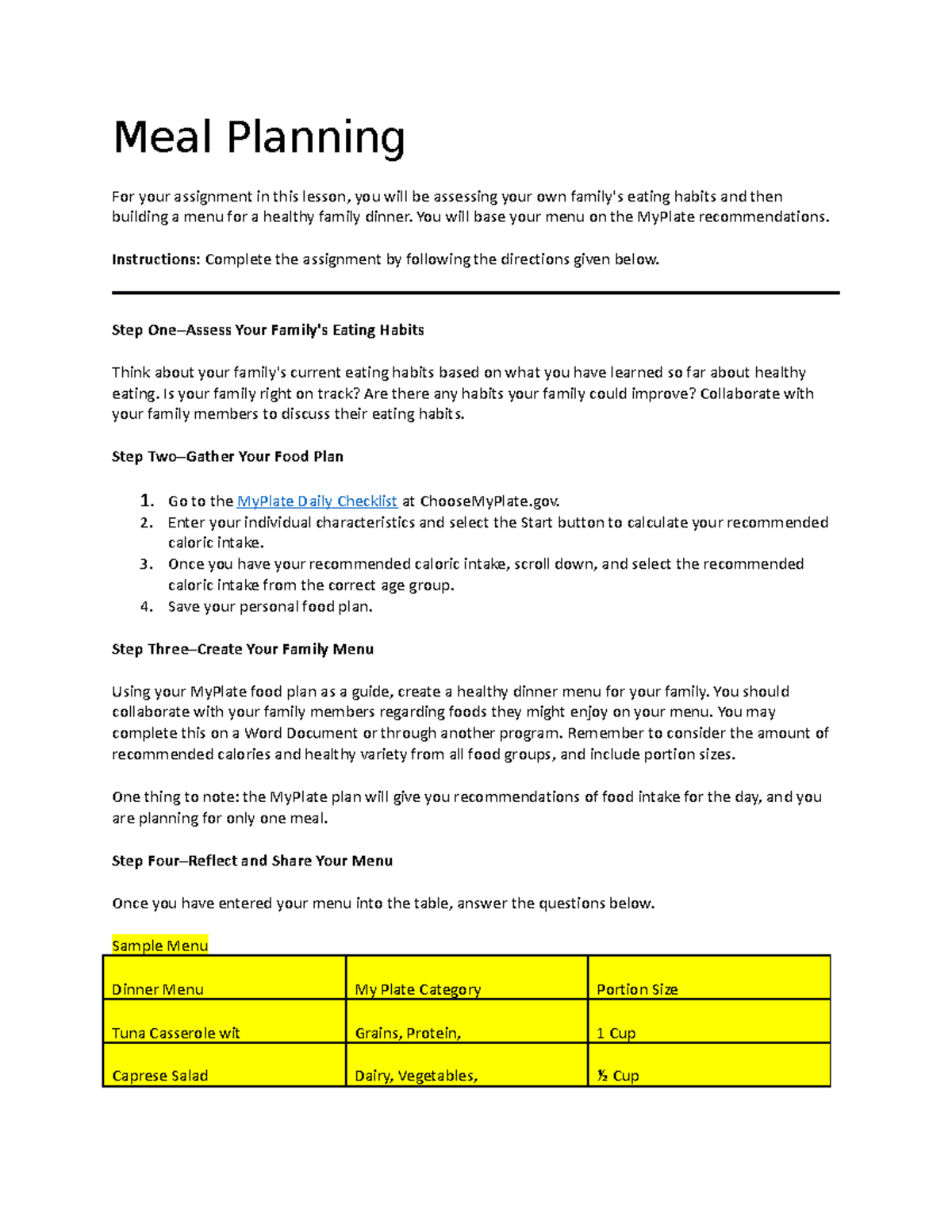 04 03 05 - Life management skills - Meal Planning For your assignment ...