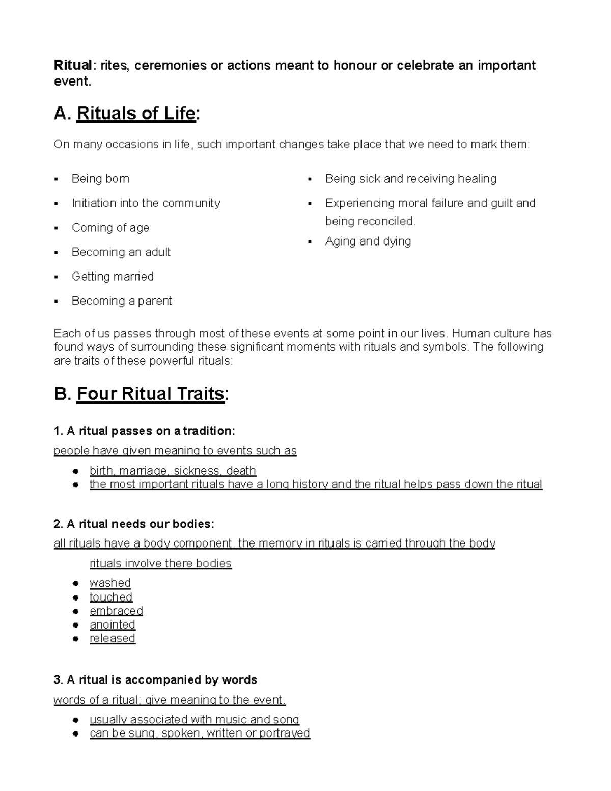 Four Traits of Rituals - grade 10 religion notes - Ritual: rites ...
