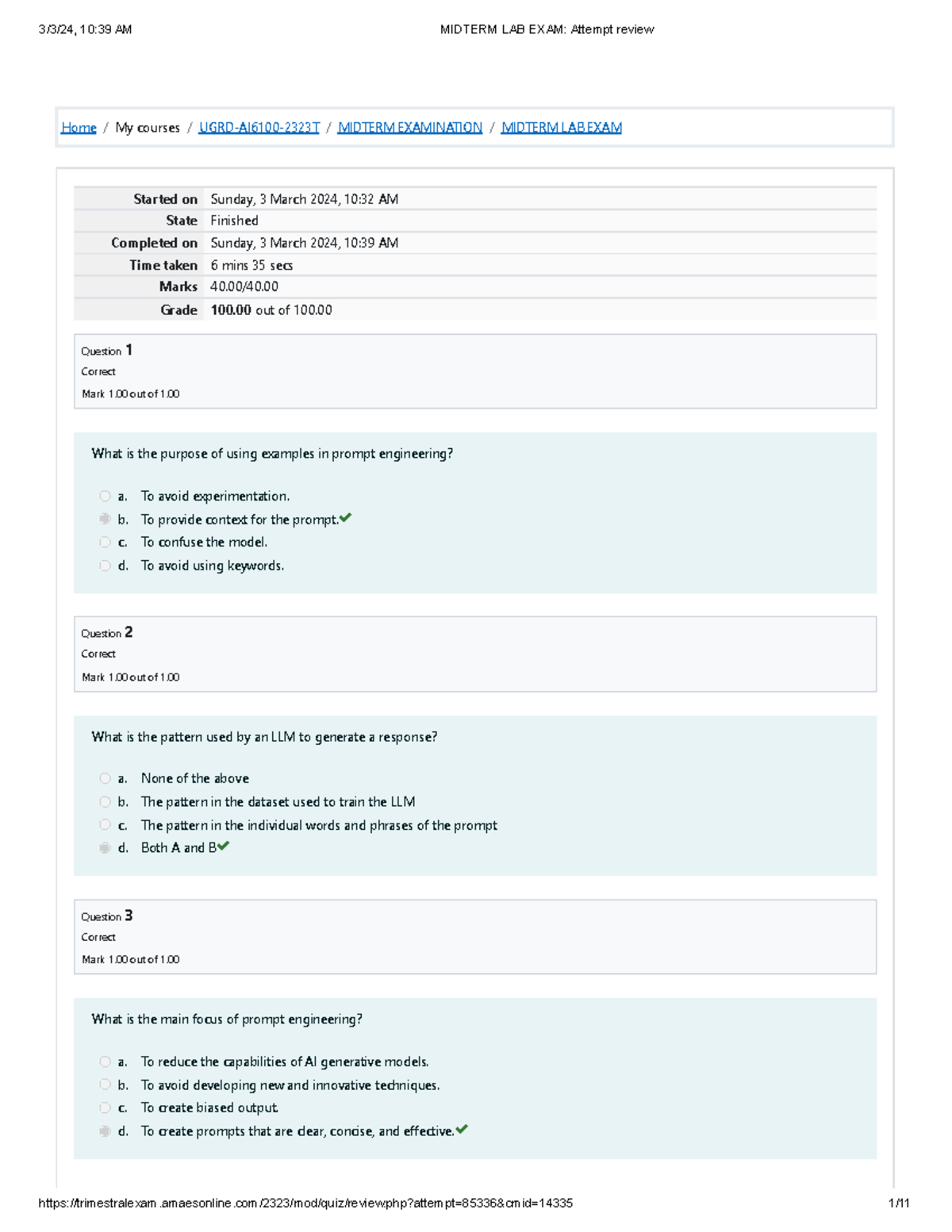 AI6100 AI Prompt Engineering Midterm LAB EXAM Attempt review (40) - Home / My courses / - Studocu