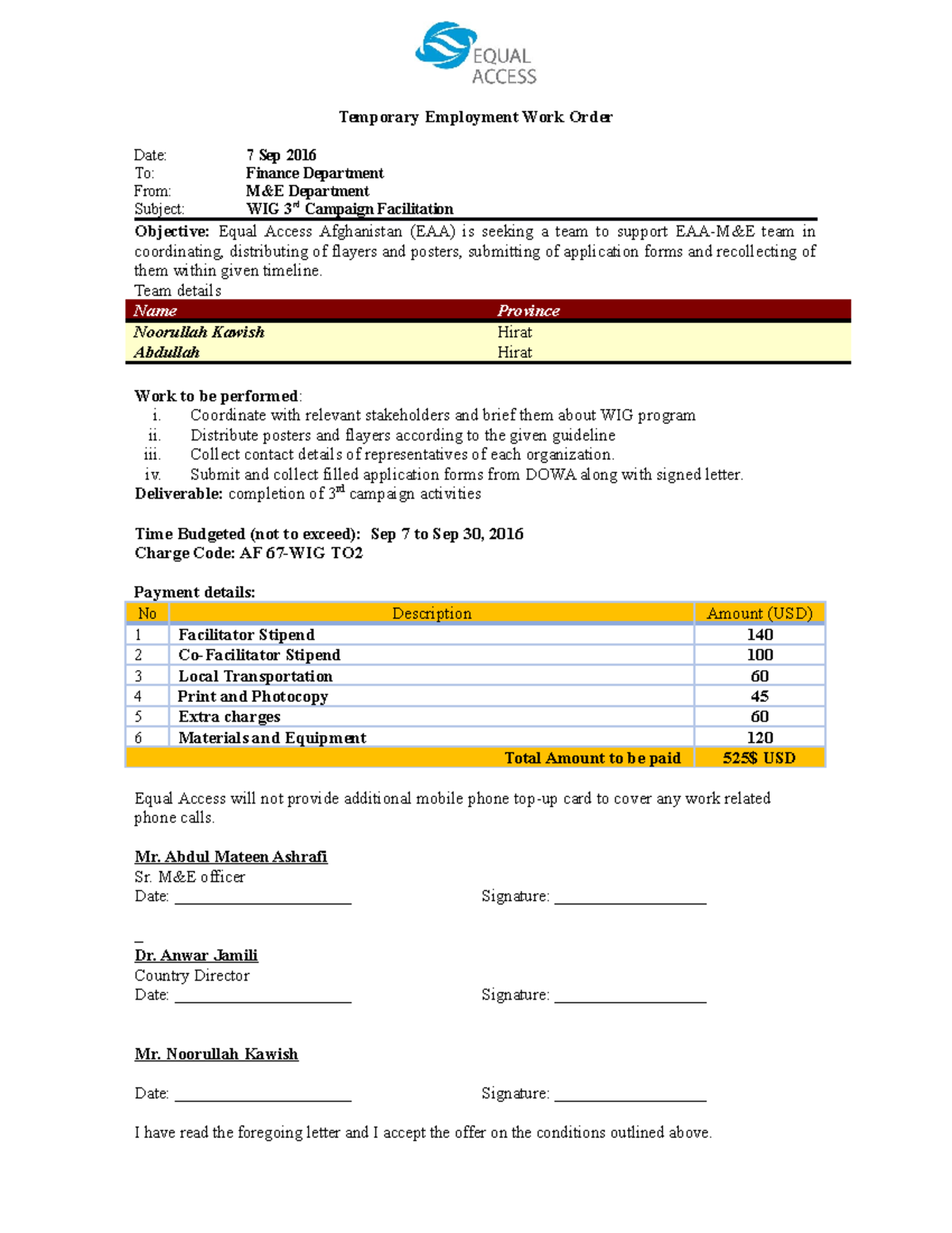 WIG field Staff Work Order - Temporary Employment Work Order Date: 7 ...