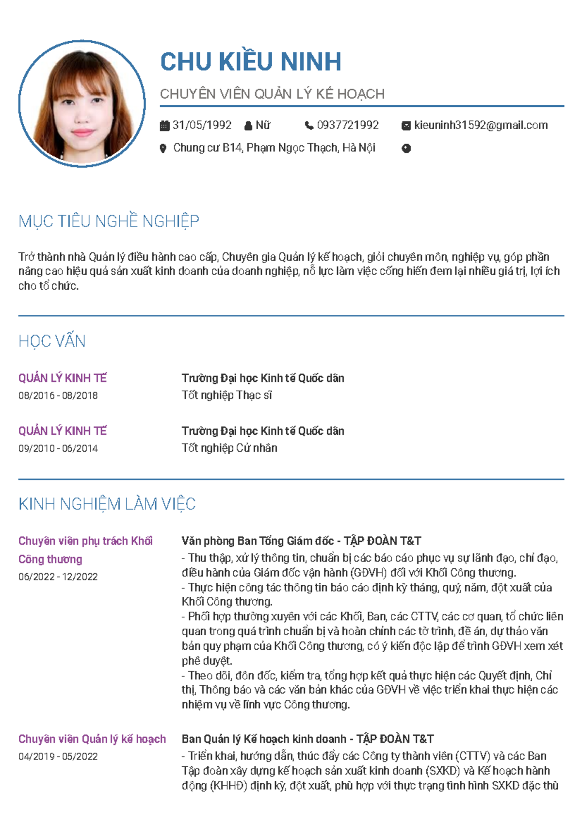 CV Chu Kiều Ninh 1992 - Write - 31/05/1992 Nữ 0937721992 Chung cư B14 ...