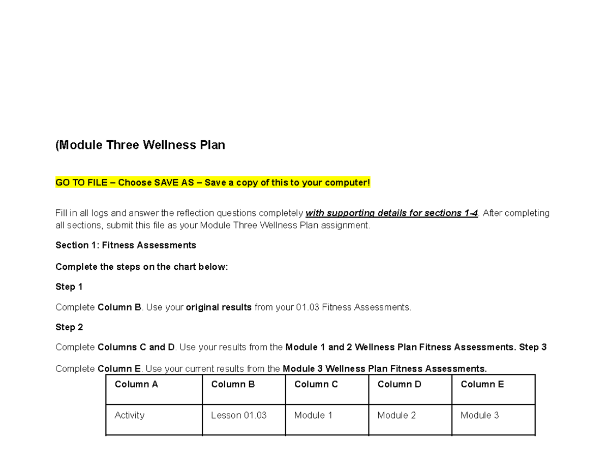 Module 3 PF - What the title says - (Module Three Wellness Plan GO TO ...