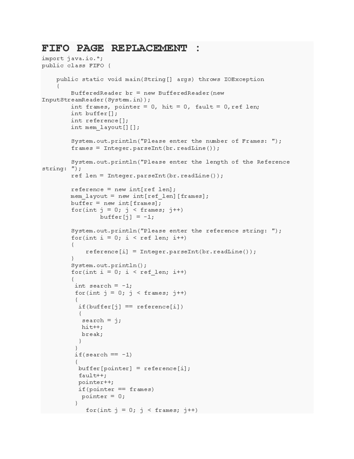 PAGE Replacement - spos practical - FIFO PAGE REPLACEMENT : import java.*; public class FIFO ...