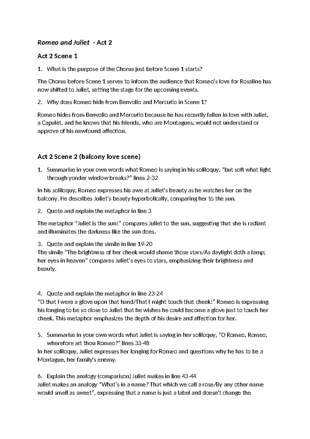 Year 9 R & J Act 2 questions - Romeo and Juliet - Act 2 Act 2 Scene 1 1 ...