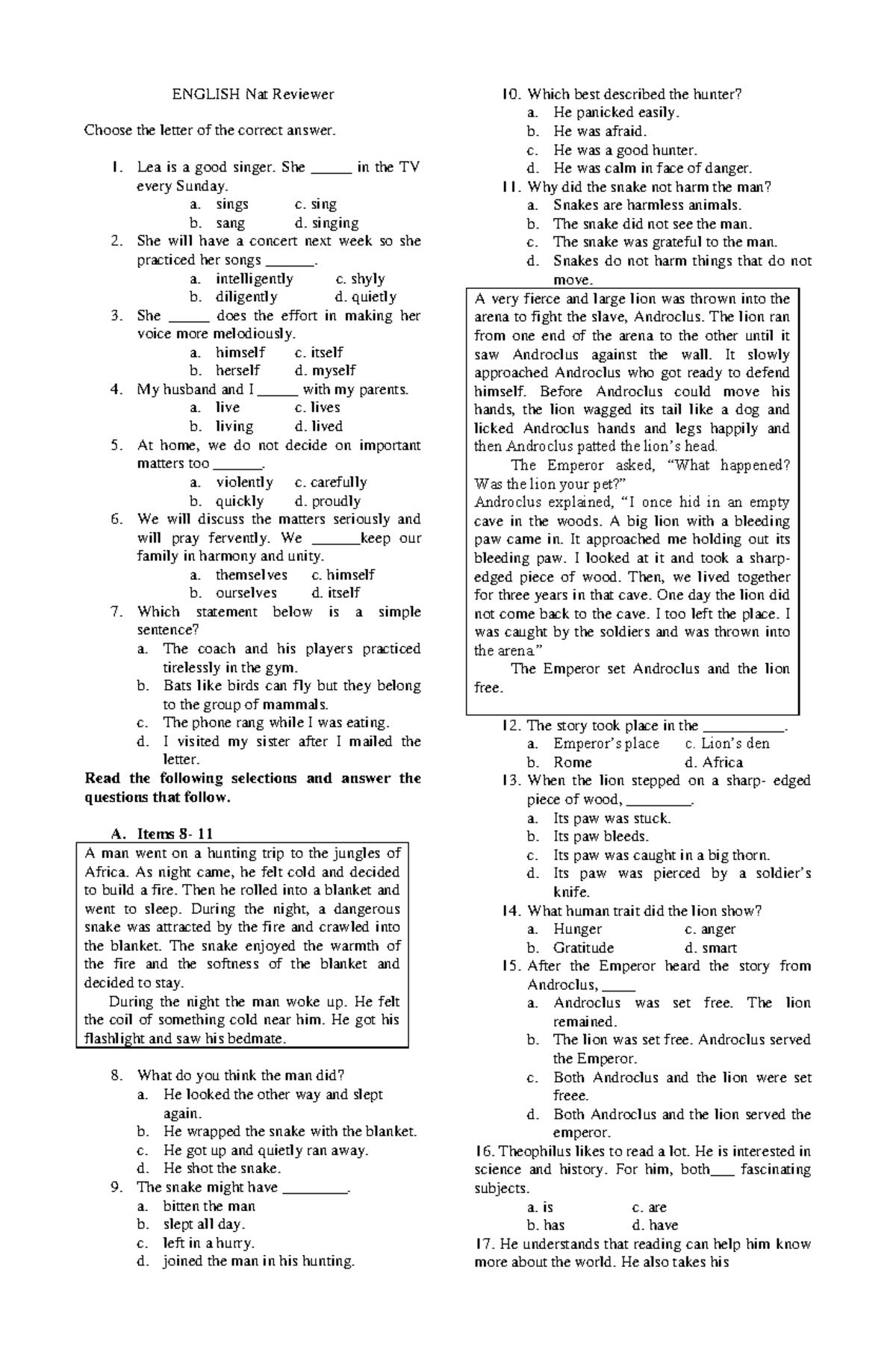 NAT 6 English Reviewer 1 - ENGLISH Nat Reviewer Choose the letter of ...