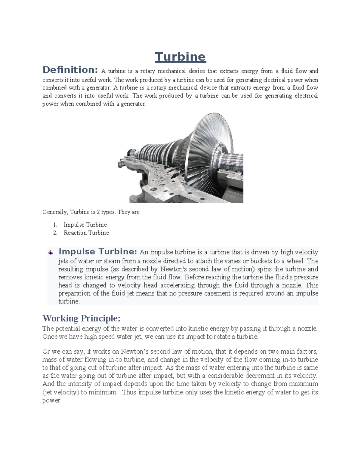 Assignment-Monjur-5 - maths - Turbine Definition: A turbine is a rotary ...
